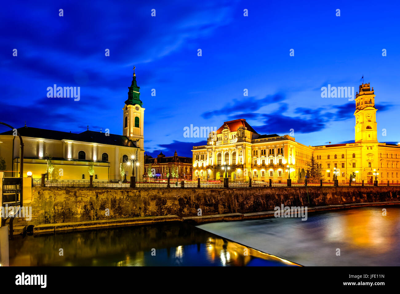 Union square (Piata Unirii) seen at the blue hour in Oradea, Romania ...