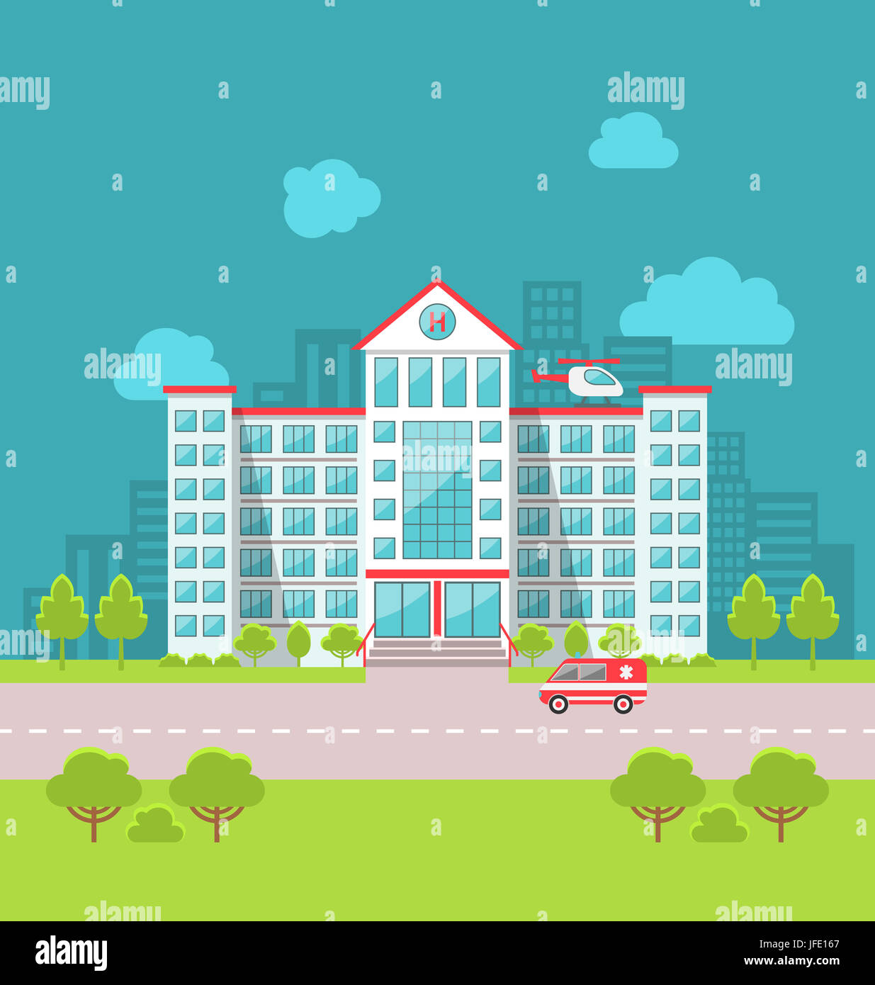 Illustration City Hospital Building with Ambulance in Flat Style ...