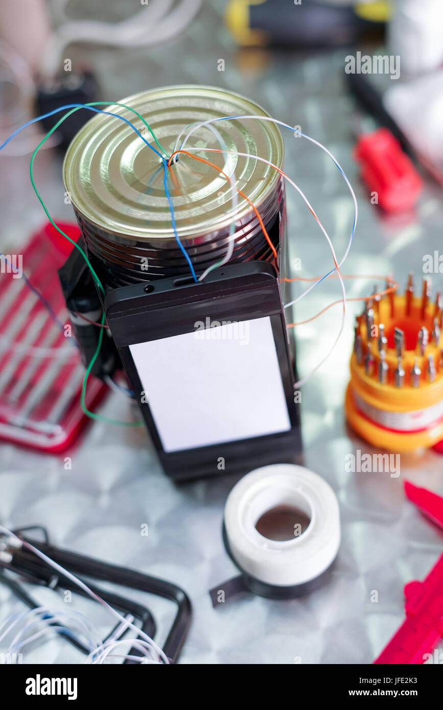 Close up of an improvised homemade bomb explosive device in blurred ...