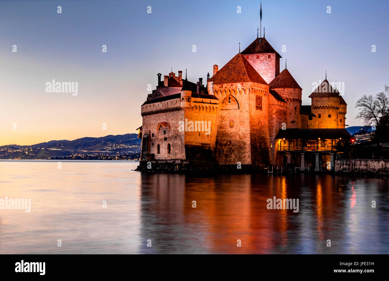 The castle of Chillon, a 13th-century castle on the shore of Lake ...