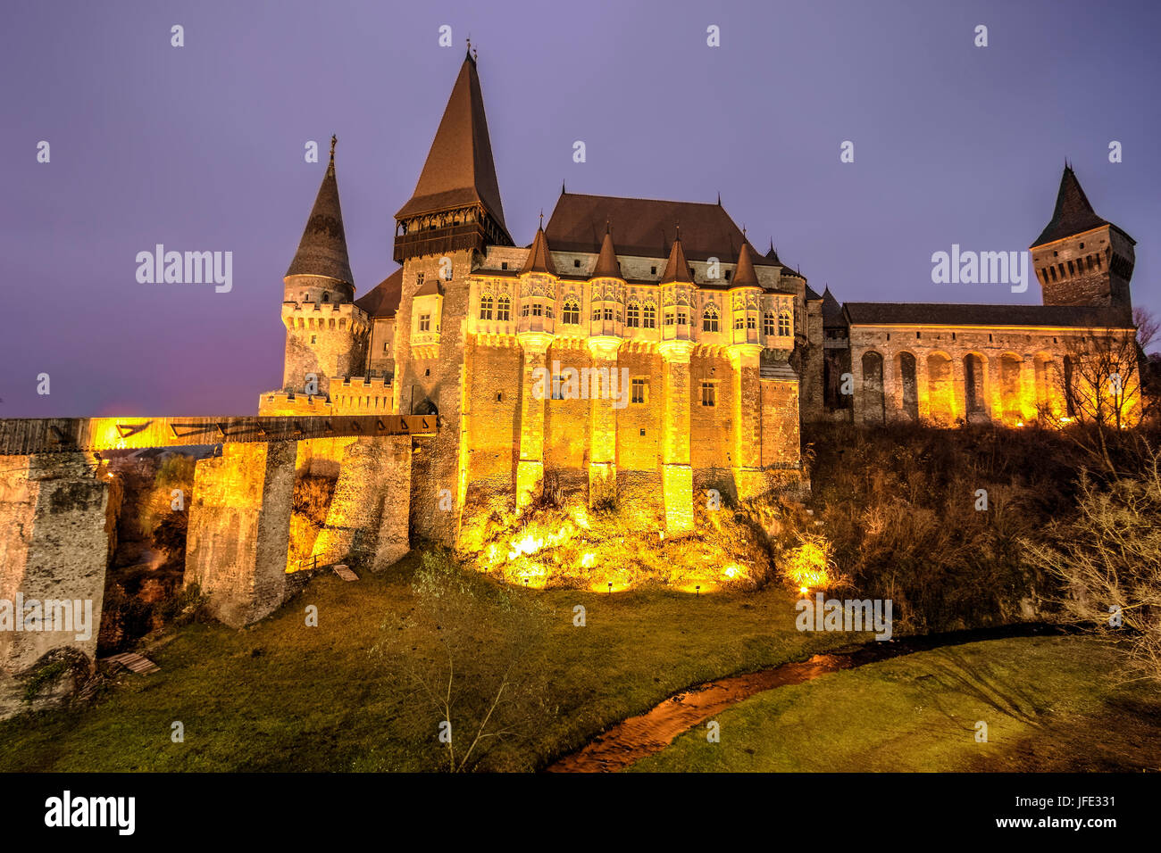 Beautiful view of Corvin castle in the night, Romania Stock Photo - Alamy