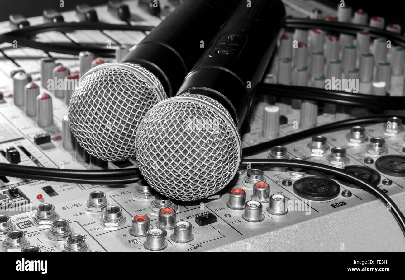 Microphones and a mixer Stock Photo - Alamy