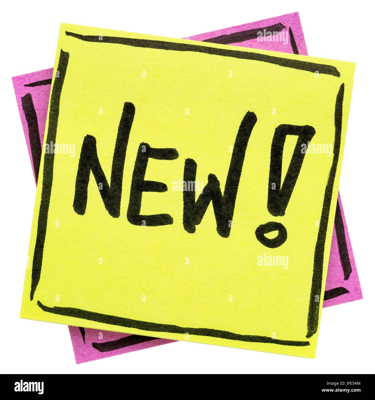 New! Offer or announcement -handwriting on an isolated sticky note ...