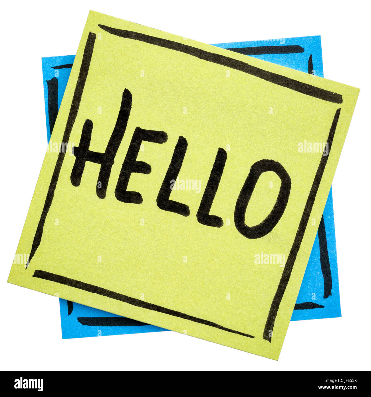 Hello greeting - handwriting in black ink on an isolated sticky note ...