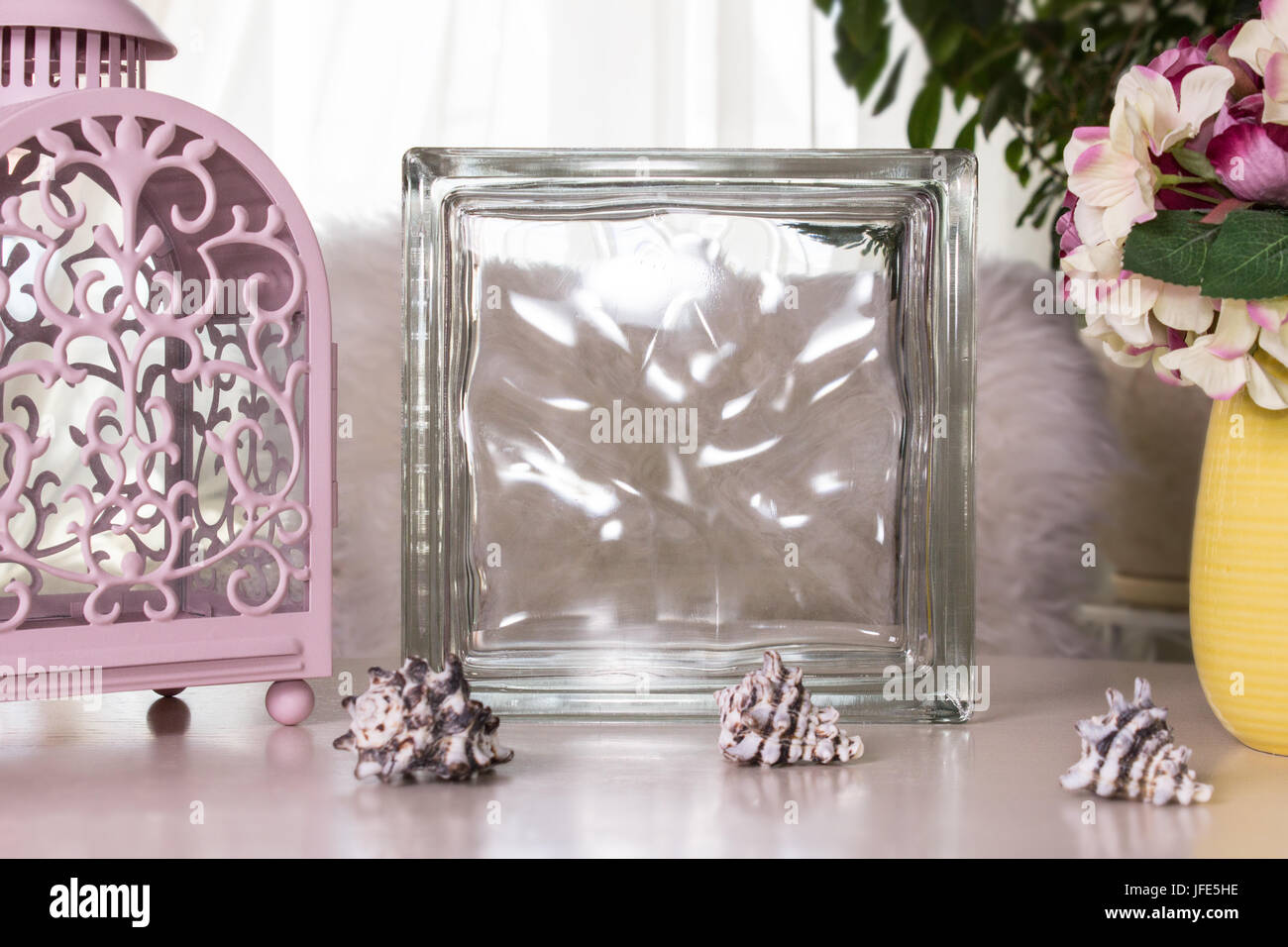 Deco glass block mockup on a table. Interior photography Stock Photo ...