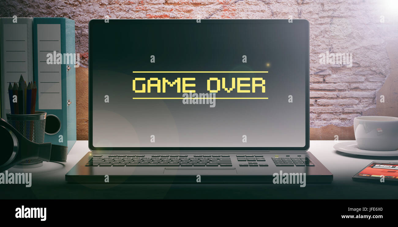 Game over on a laptop screen - brickwall background. 3d illustration ...