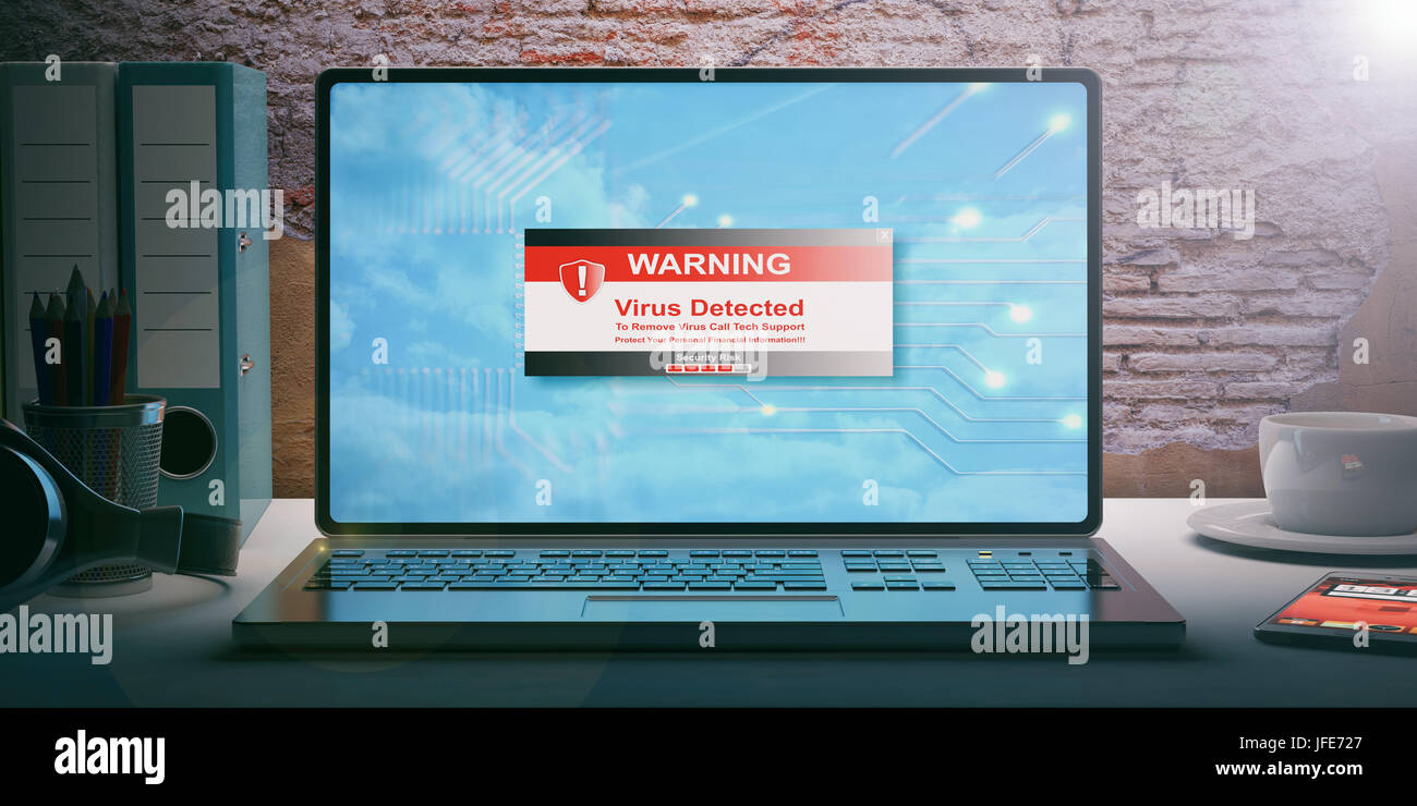Cyber security concept. Virus detected message on a laptop screen. 3d ...