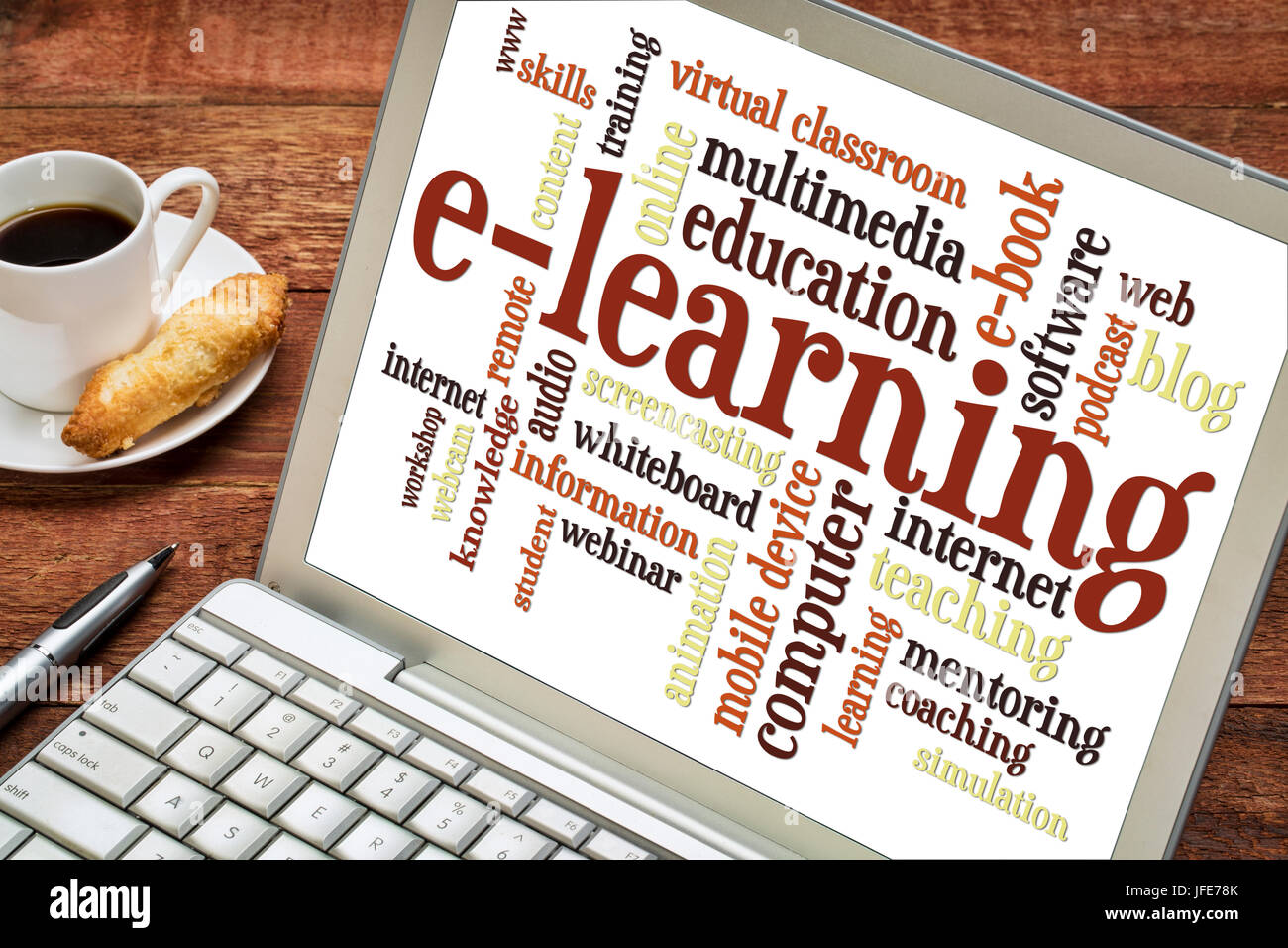 e-learning word cloud on a laptop screen with a cup of coffee, online ...