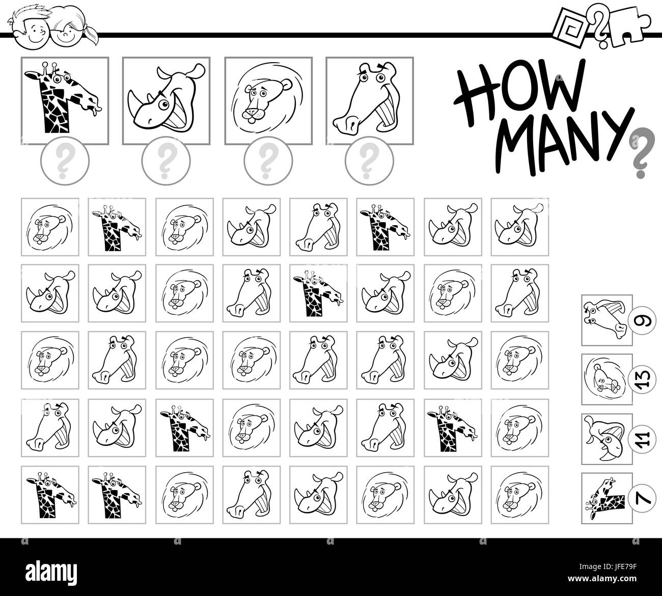 counting animals coloring page Stock Photo - Alamy