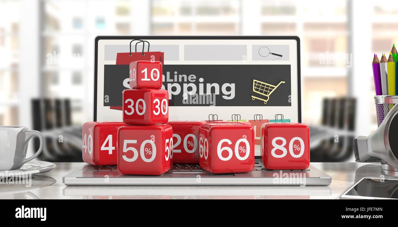 Online shopping and sale concept. Discount percentage cubes on a laptop ...