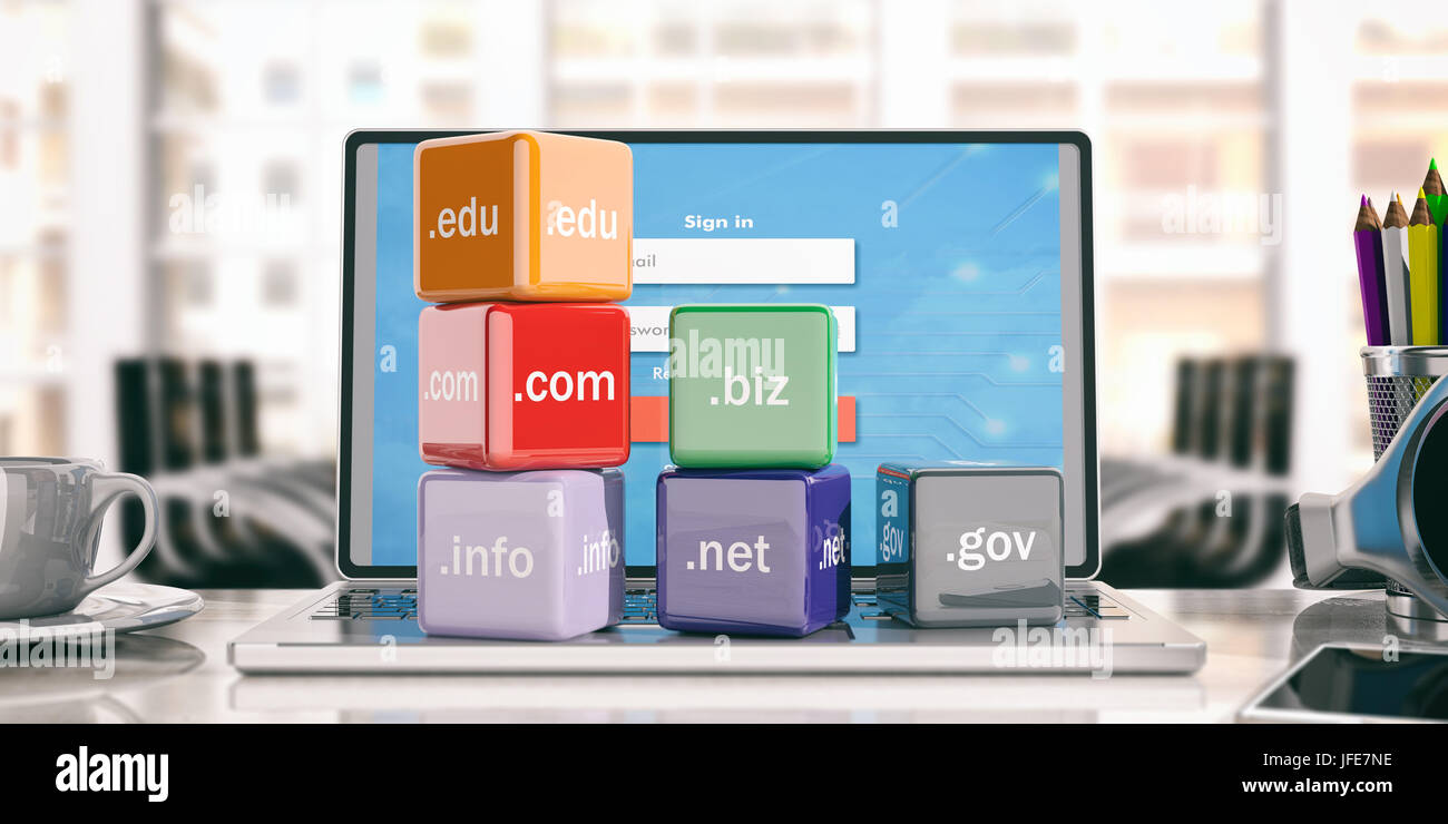 Domain names cubes on a laptop - office background. 3d illustration ...