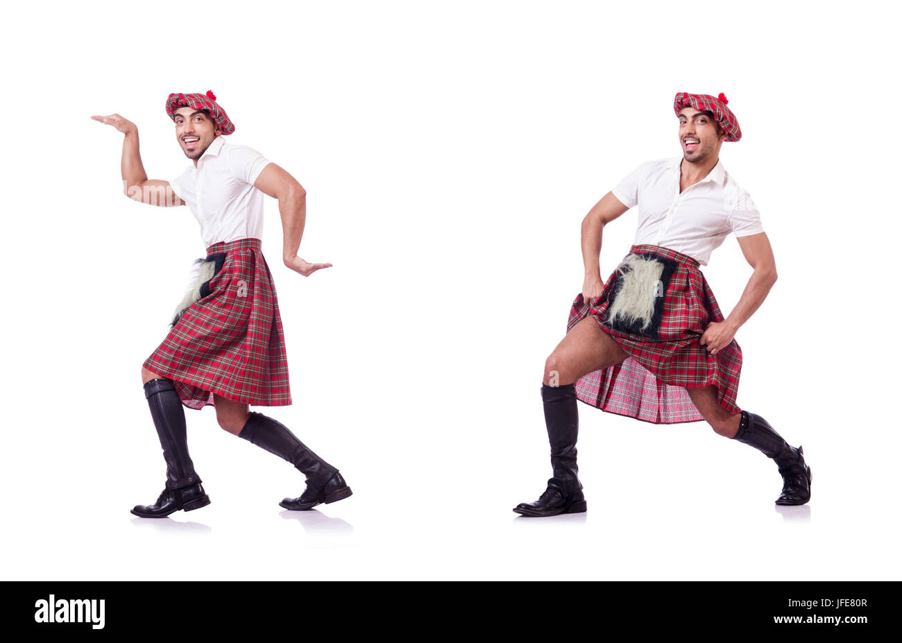 Scottish man dancing on white Stock Photo - Alamy