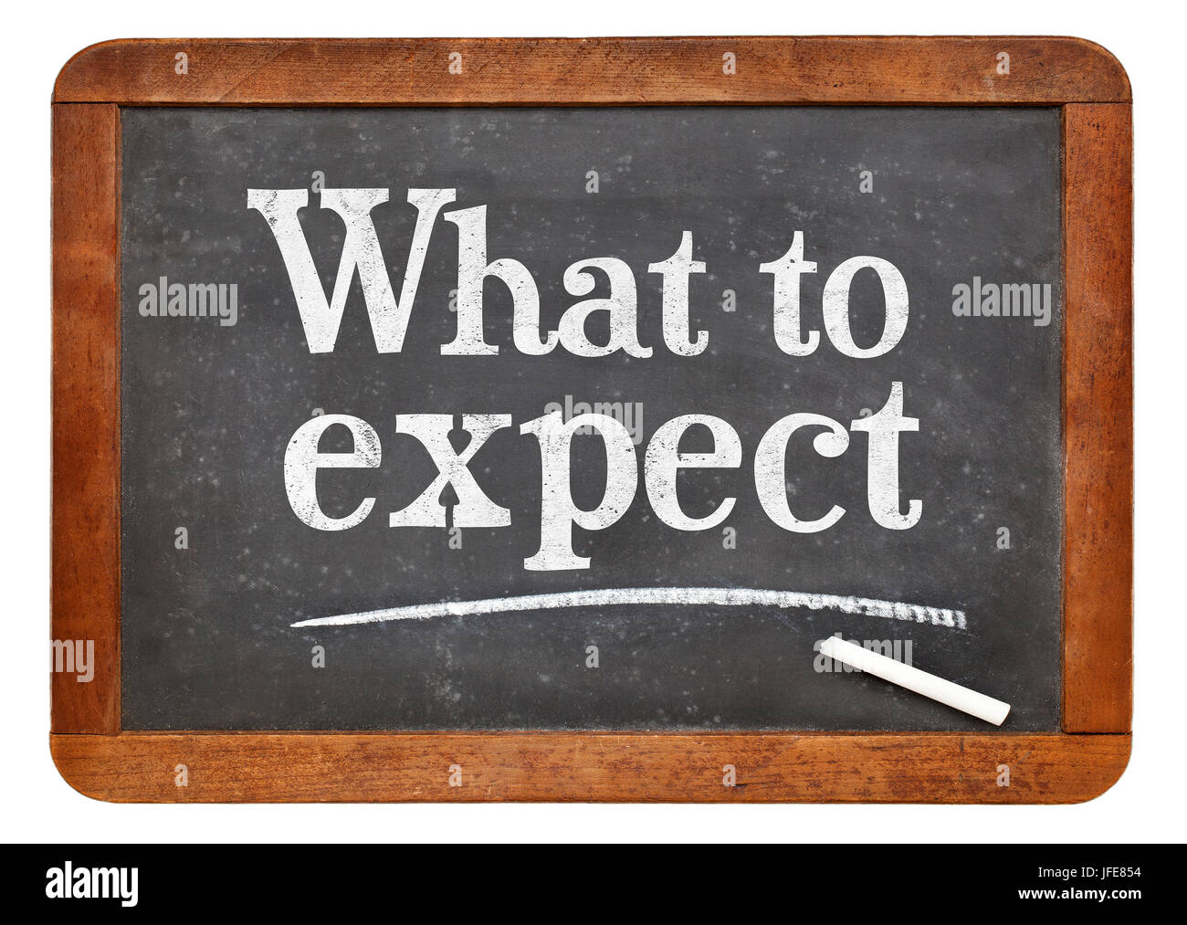 What to expect - white chalk text on a vintage slate blackboard Stock ...