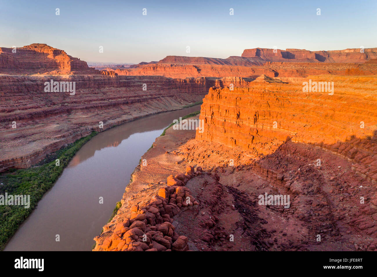 Canyon of Colorado River below Moab, Utah - sunrise aerial view Stock ...