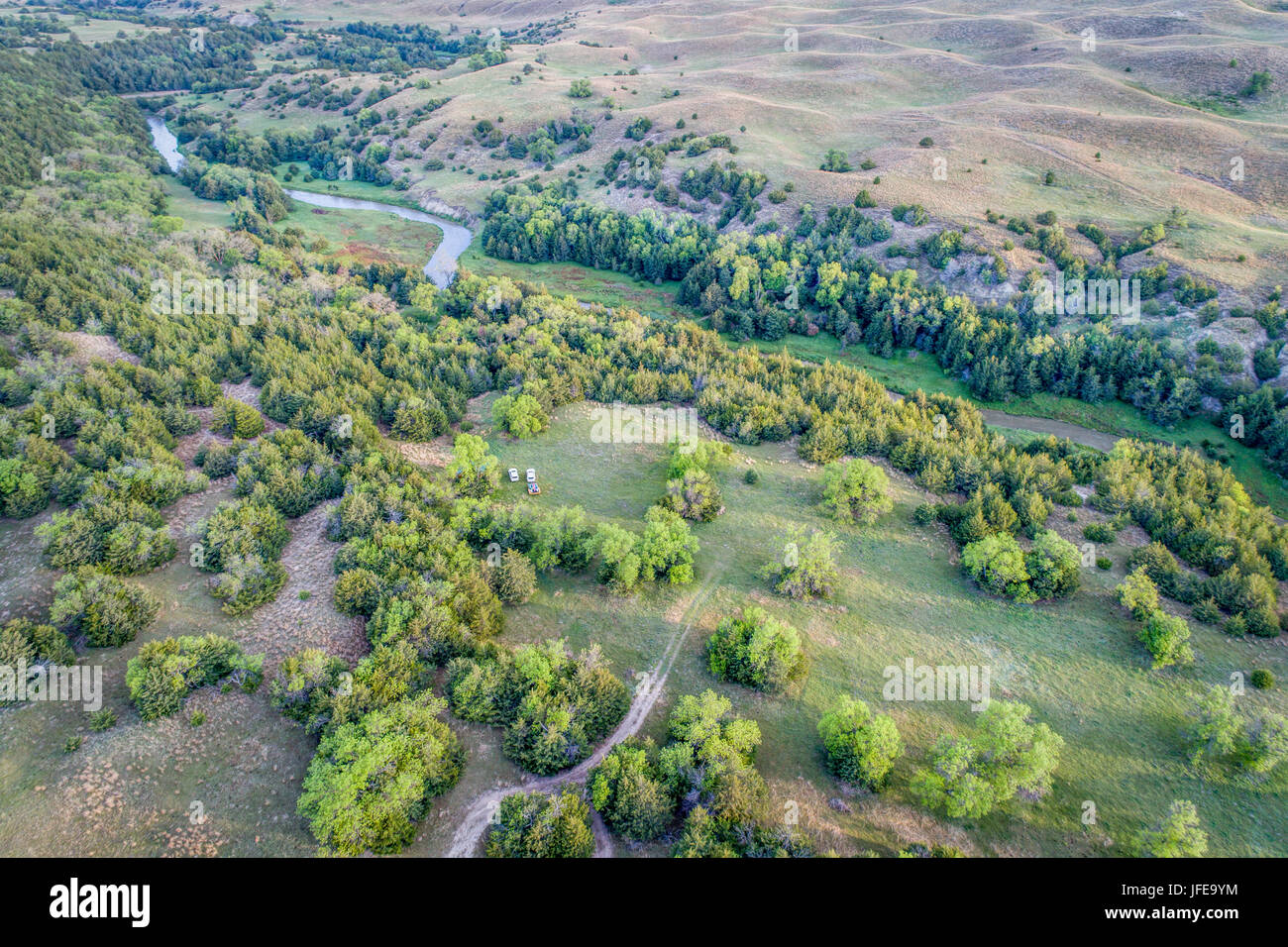 aerial view of Dismal River in Nebraska Sandhills near Seneca, spring ...