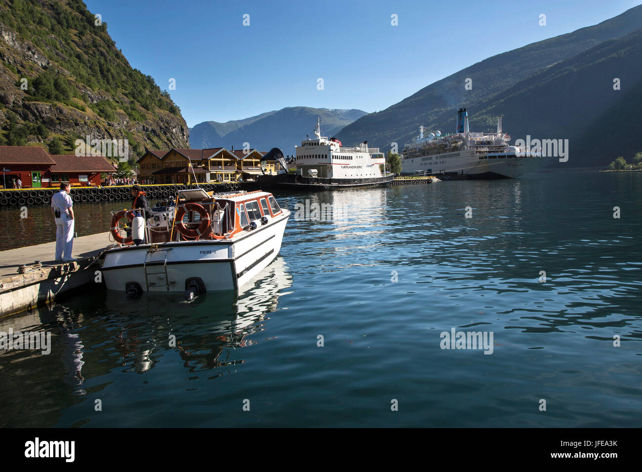 Flam village in Flåmsdalen, at the inner end of the Aurlandsfjorden ...