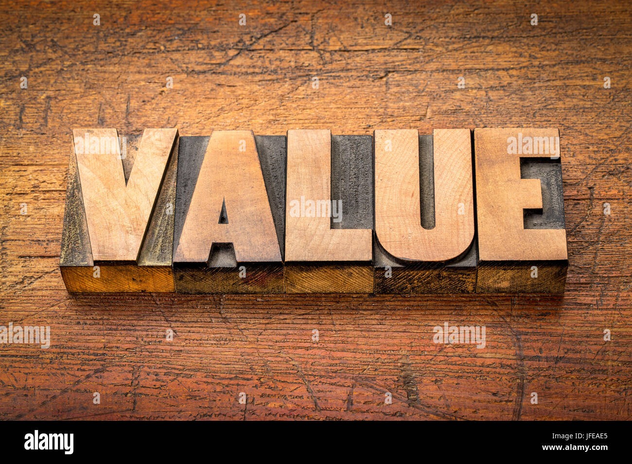 value word abstract in vintage letterpress printing blocks against ...