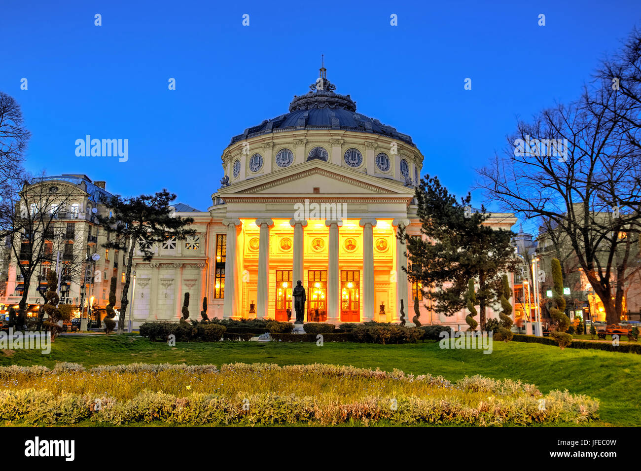Twilight over the Romanian Athenaeum in Bucharest, Romania Stock Photo ...