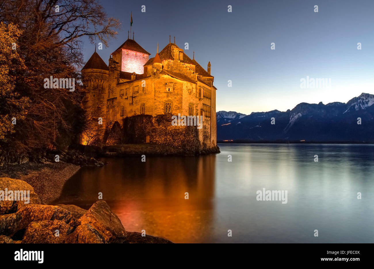 The castle of Chillon, a 13th-century castle on the shore of Lake ...
