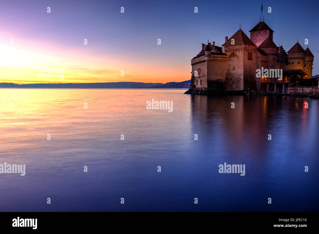 The castle of Chillon, a 13th-century castle on the shore of Lake ...