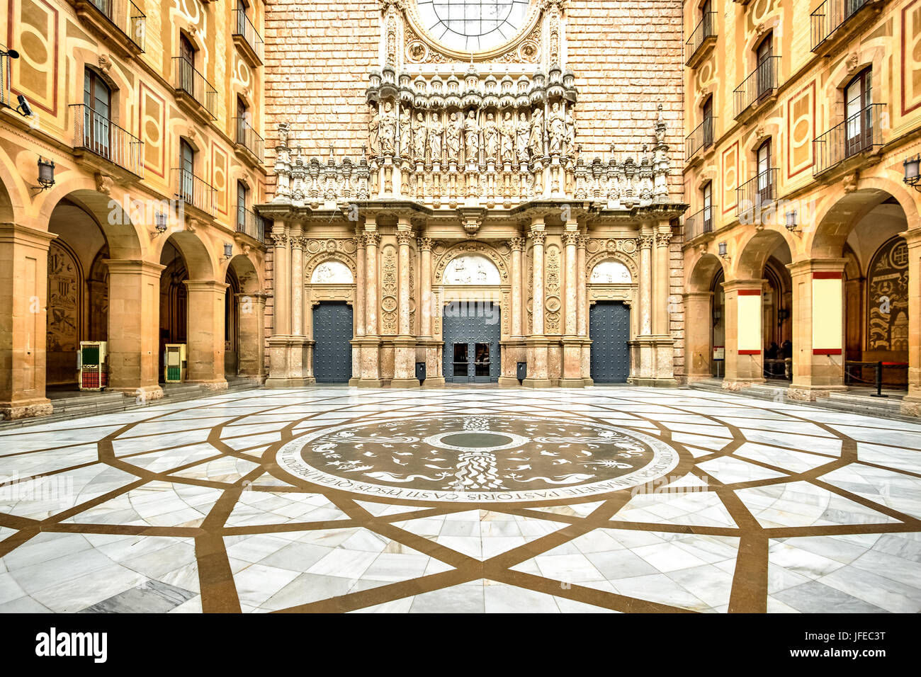Inside the courtyard of Montserrat Monastery, Catalonia, Spain Stock ...
