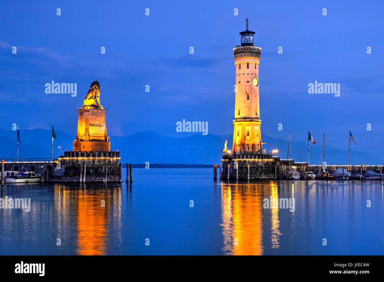 Lindau port and harbor seen at the blue hour, Germany Stock Photo - Alamy