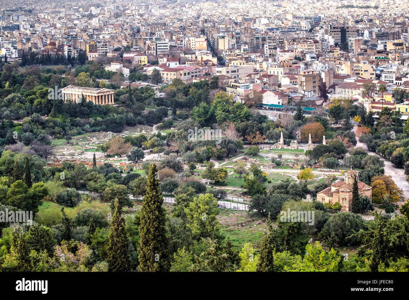 Aerial view of the ancient Greek temple of Hephaestus in Agora Complex ...
