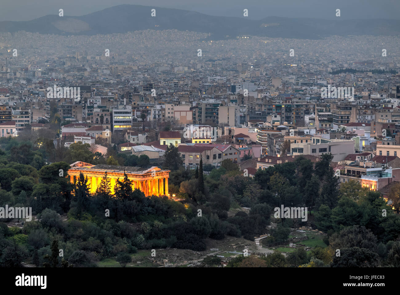 Aerial view of the illuminated, ancient Greek temple of Hephaestus in ...