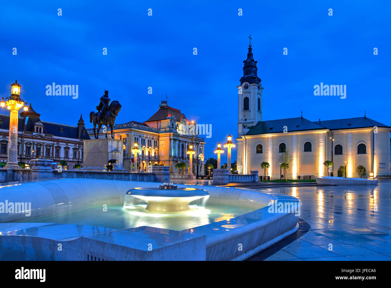 Union square (Piata Unirii) seen at the blue hour in Oradea, Romania ...