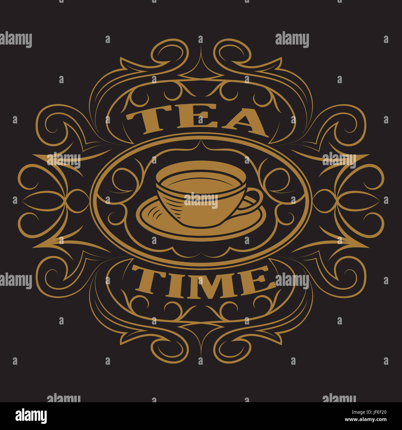 A cup of tea, logo, tea time design template, antique label on black ...