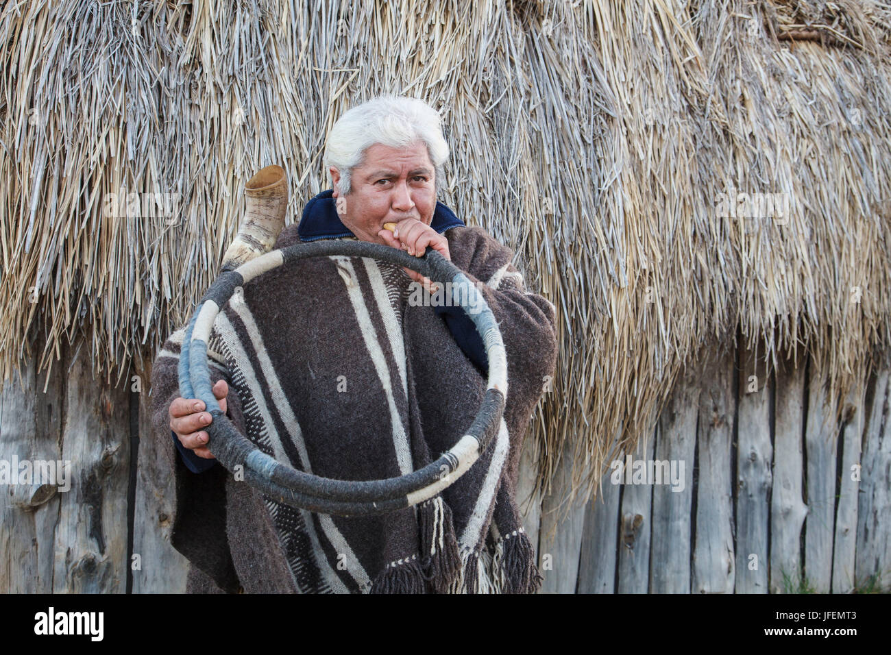 Chile, Araucania, Llaguepulli, Mapuche, Ruka, round house, man ...