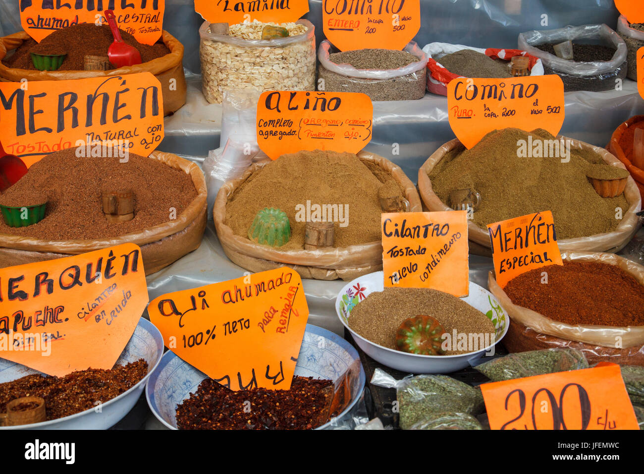 Chile, Araucania, Temuco, Mapuche, market, spices, noticing Stock Photo ...