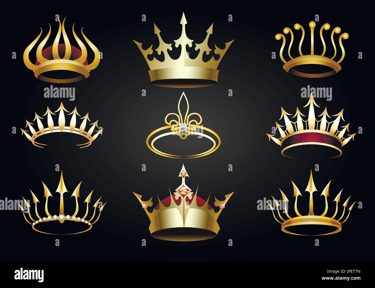Set of various golden crowns on black background. Vector illustration ...