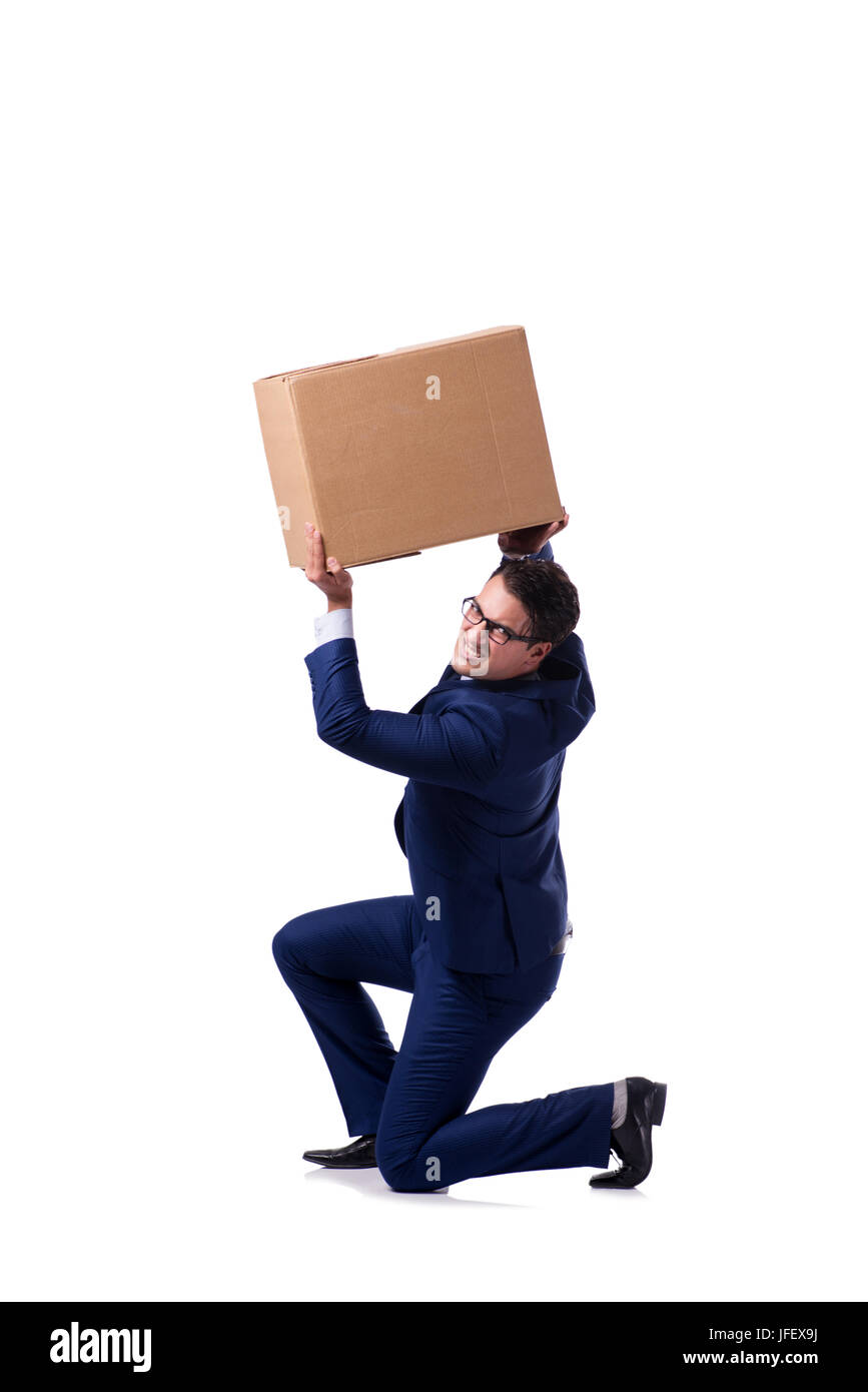 Businessman lifting box isolated on white Stock Photo - Alamy