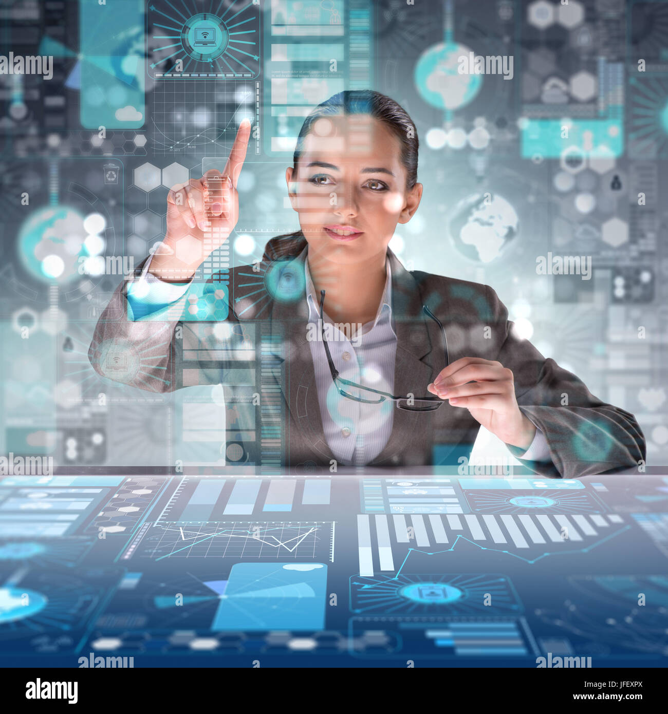 Woman in futuristic data mining concept Stock Photo - Alamy