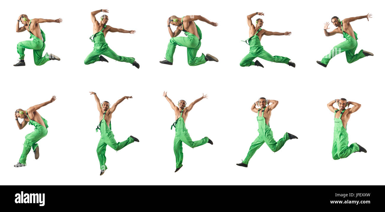 Construction worker jumping and dancing Stock Photo - Alamy