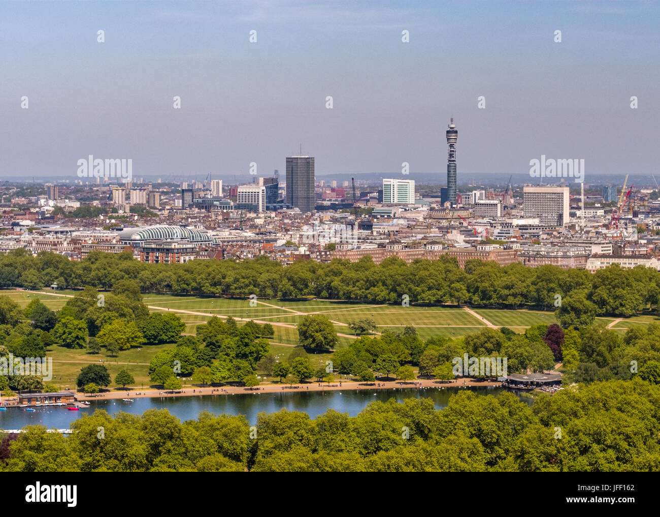Aerial view across Hyde Park with the Serpentine Lake towards the Post ...