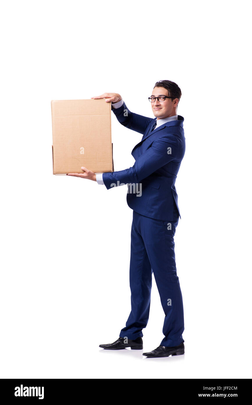 Businessman lifting box isolated on white Stock Photo - Alamy