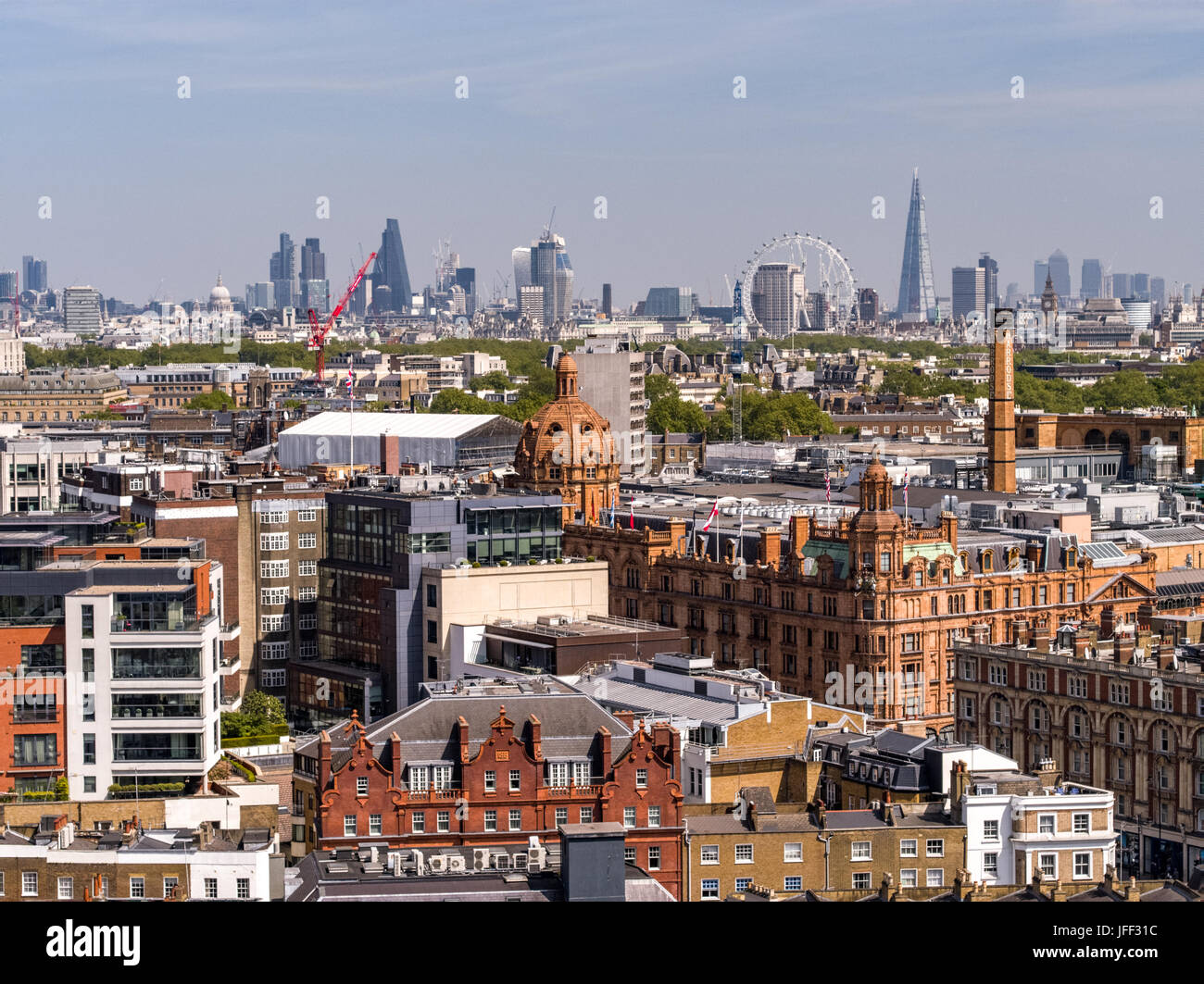Aerial view over London England including Harrods Store. Harrods is a ...