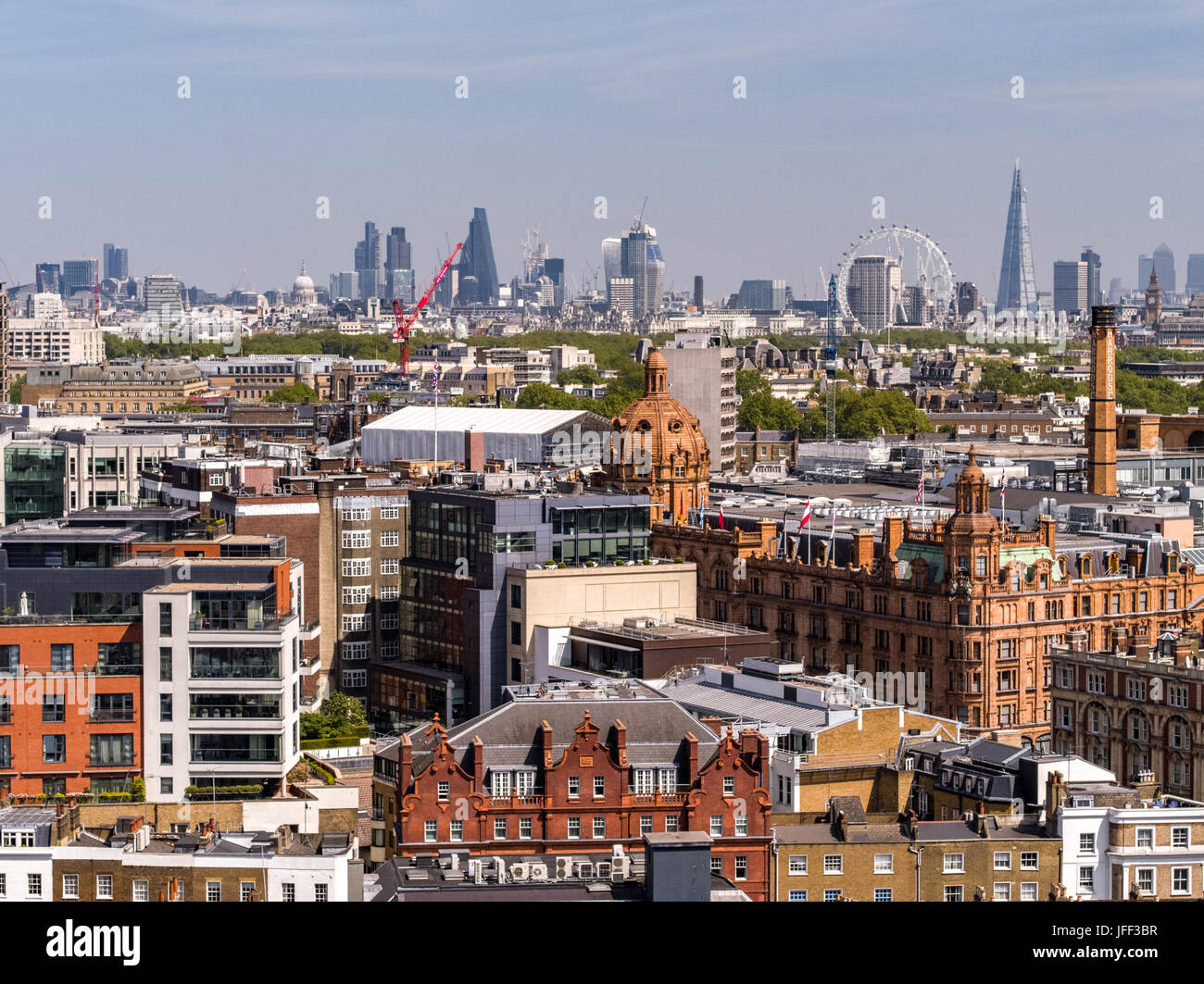 Aerial view over London England including Harrods Store. Harrods is a ...