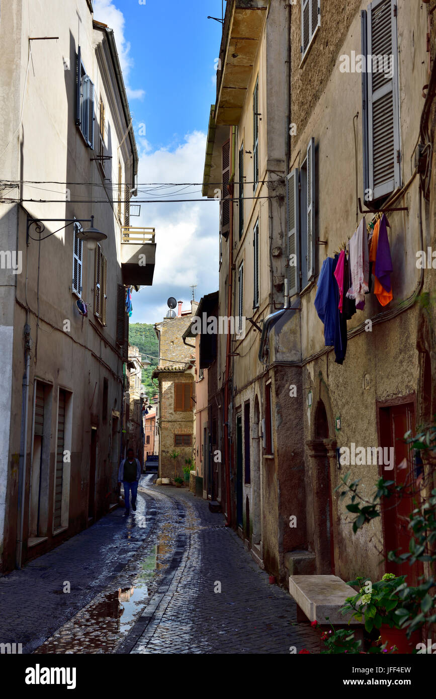Narrow lane between buildings in village of Cori, province of Latina ...
