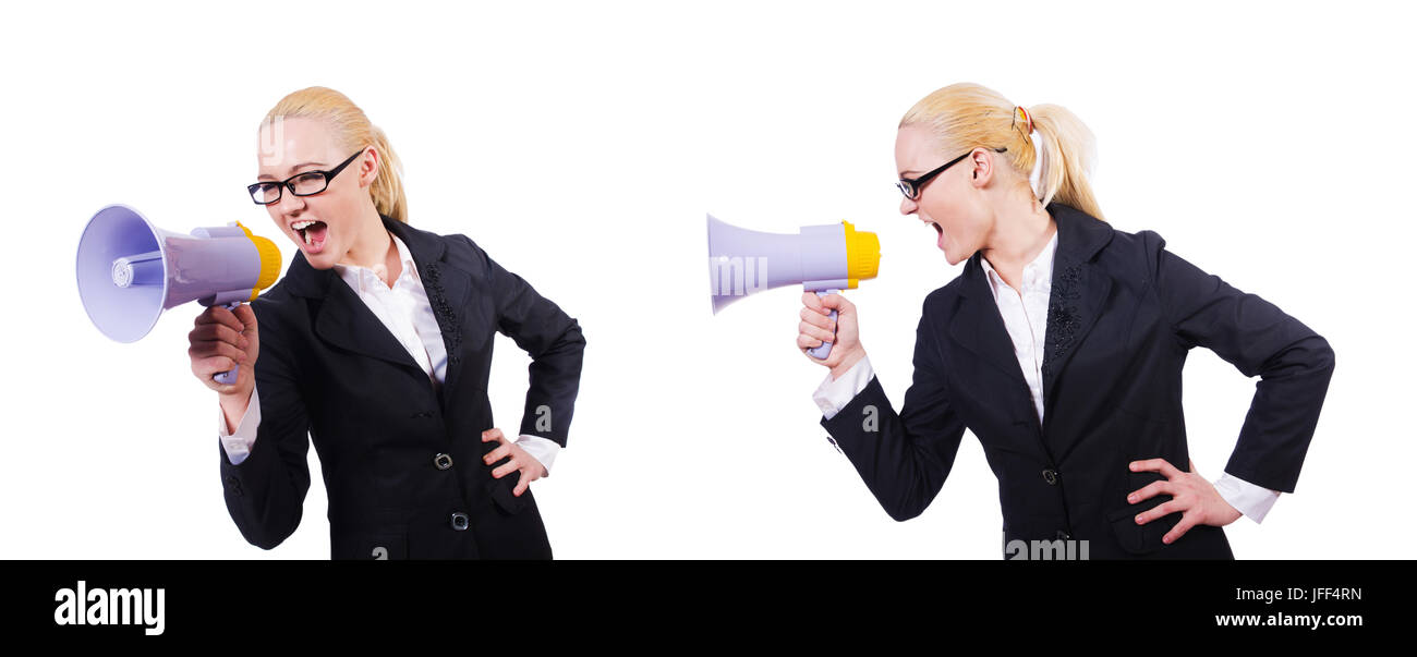 Woman businesswoman with loudspeaker on white Stock Photo - Alamy