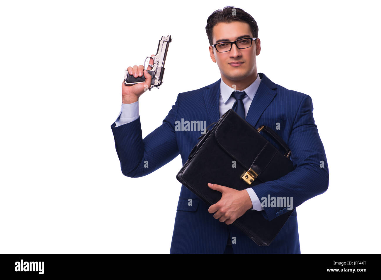 Businessman with gun isolated on white Stock Photo - Alamy
