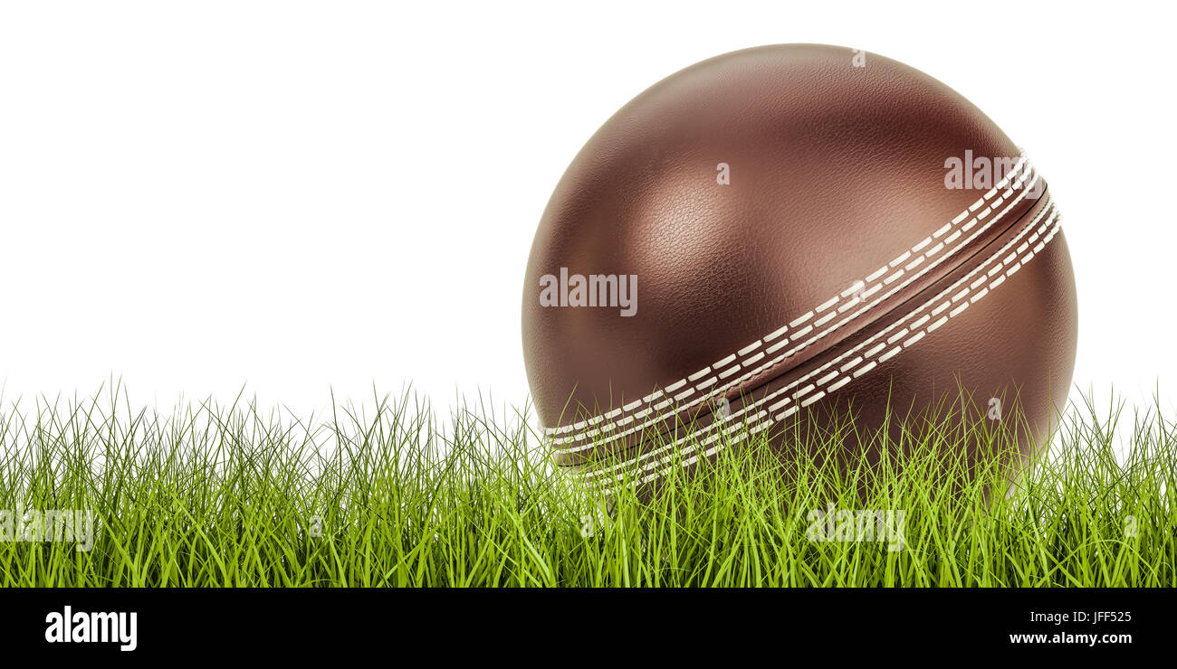 cricket ball concept on the grass, 3D rendering isolated on white ...