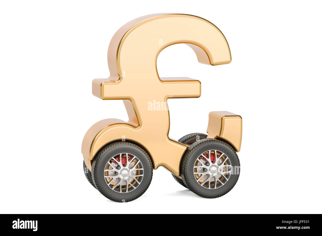pound sterling symbol on car wheels, 3D rendering isolated on white ...