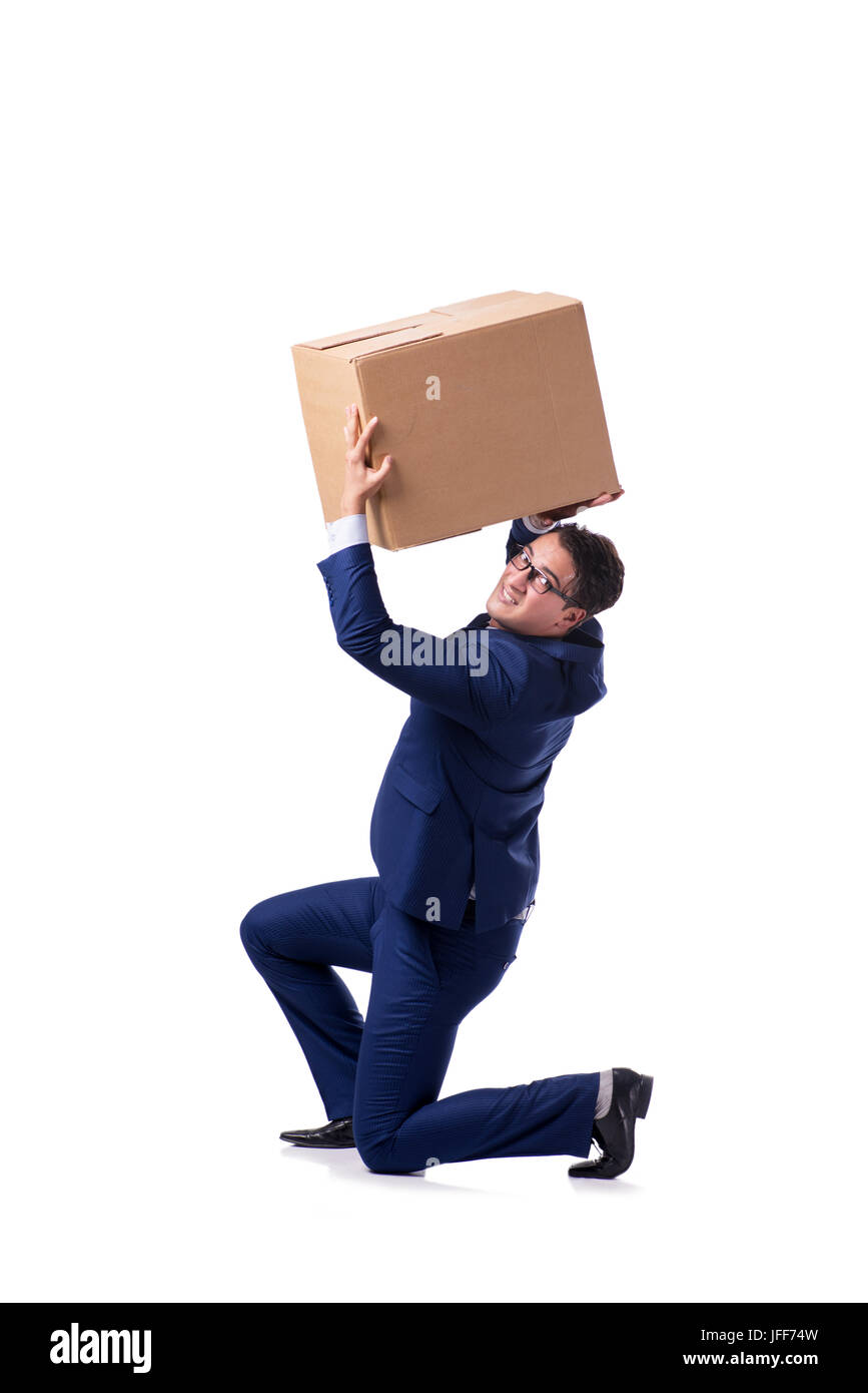 Businessman lifting box isolated on white Stock Photo - Alamy