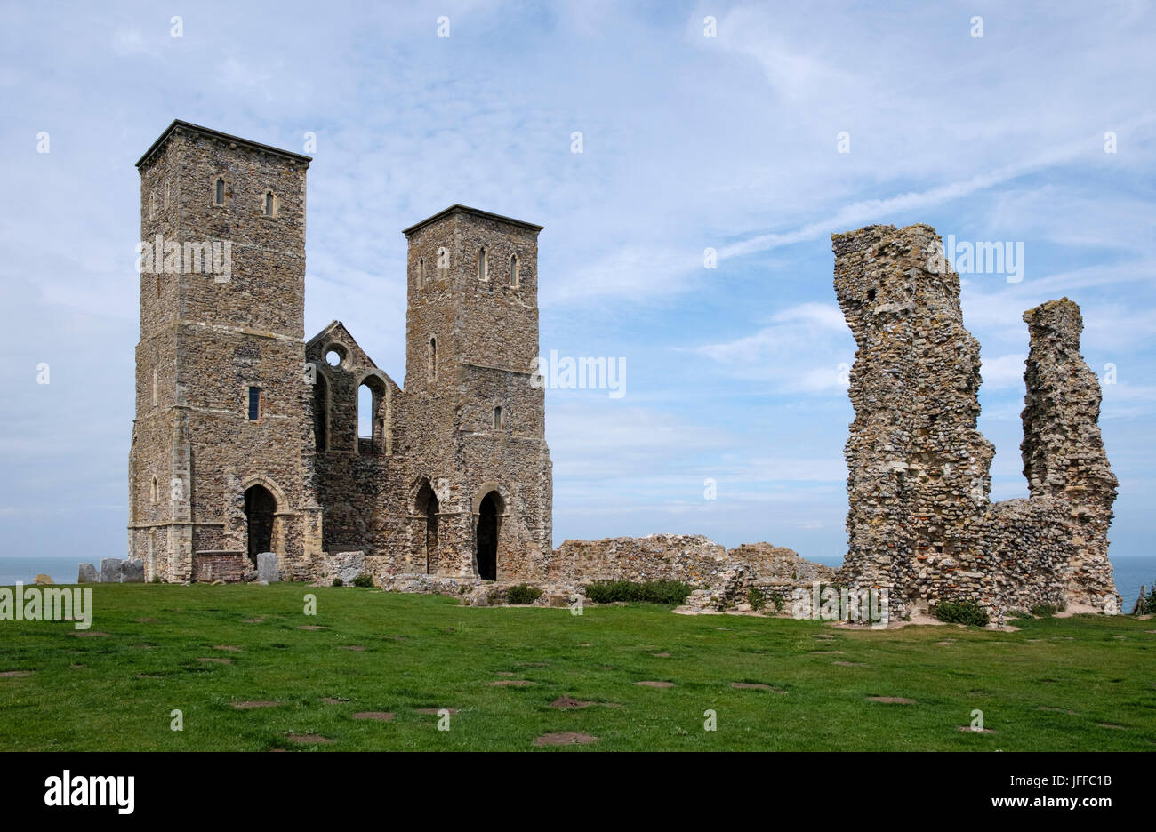 Reculver Towers Norman Abbey and Roman Fort ruins on the north Kent ...