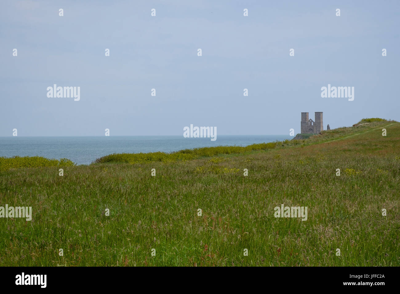 Reculver Towers Norman Abbey and Roman Fort ruins on the north Kent ...
