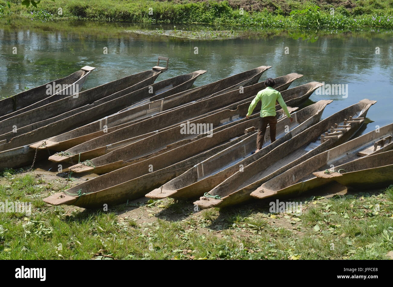 Canoeing safari Wooden rowboats Pirogues on the Rapti river. Chitwan ...