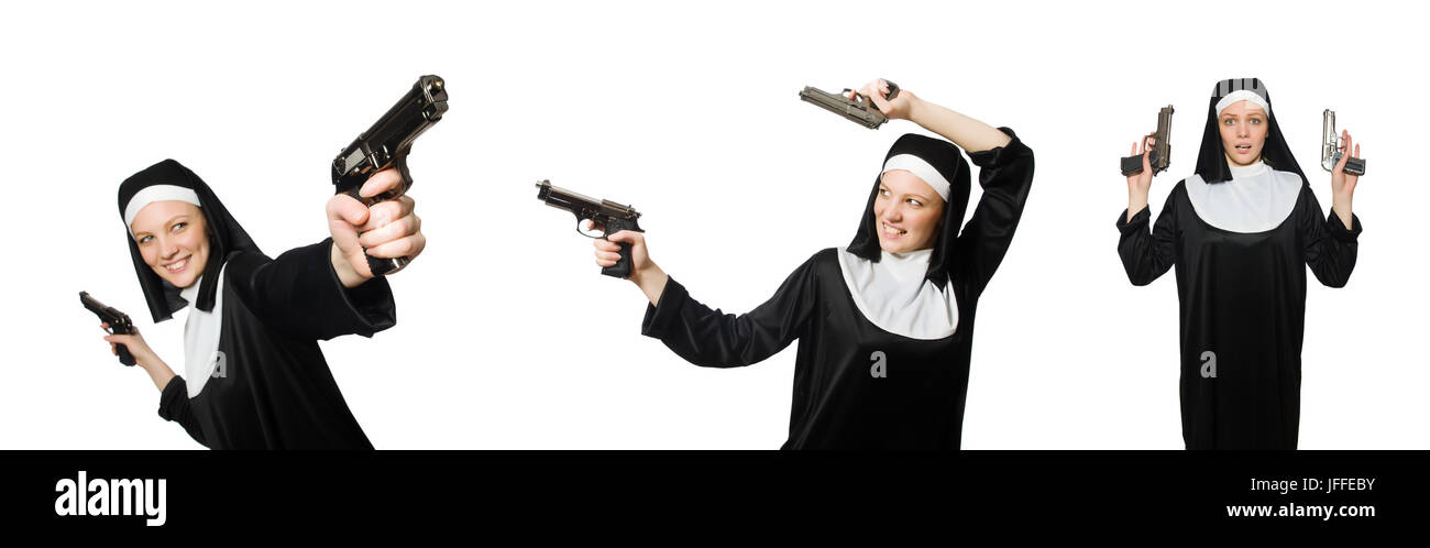 Nun with handgun isolated on white Stock Photo - Alamy